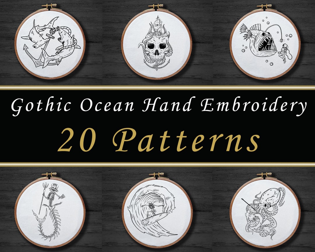 20 Gothic Ocean Hand Embroidery Pattern Bundle , Skeleton Mermaid ...