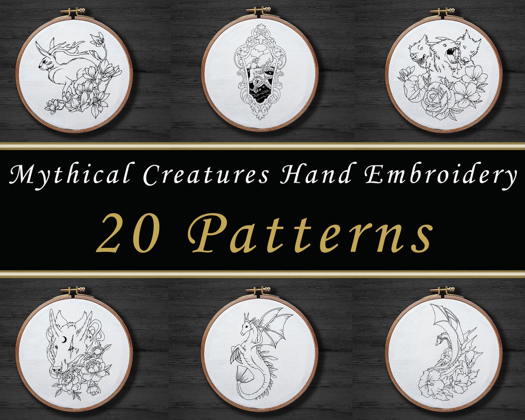 20 Mythical Animals Hand Embroidery Pattern Set , Unicorn Embroidery ...