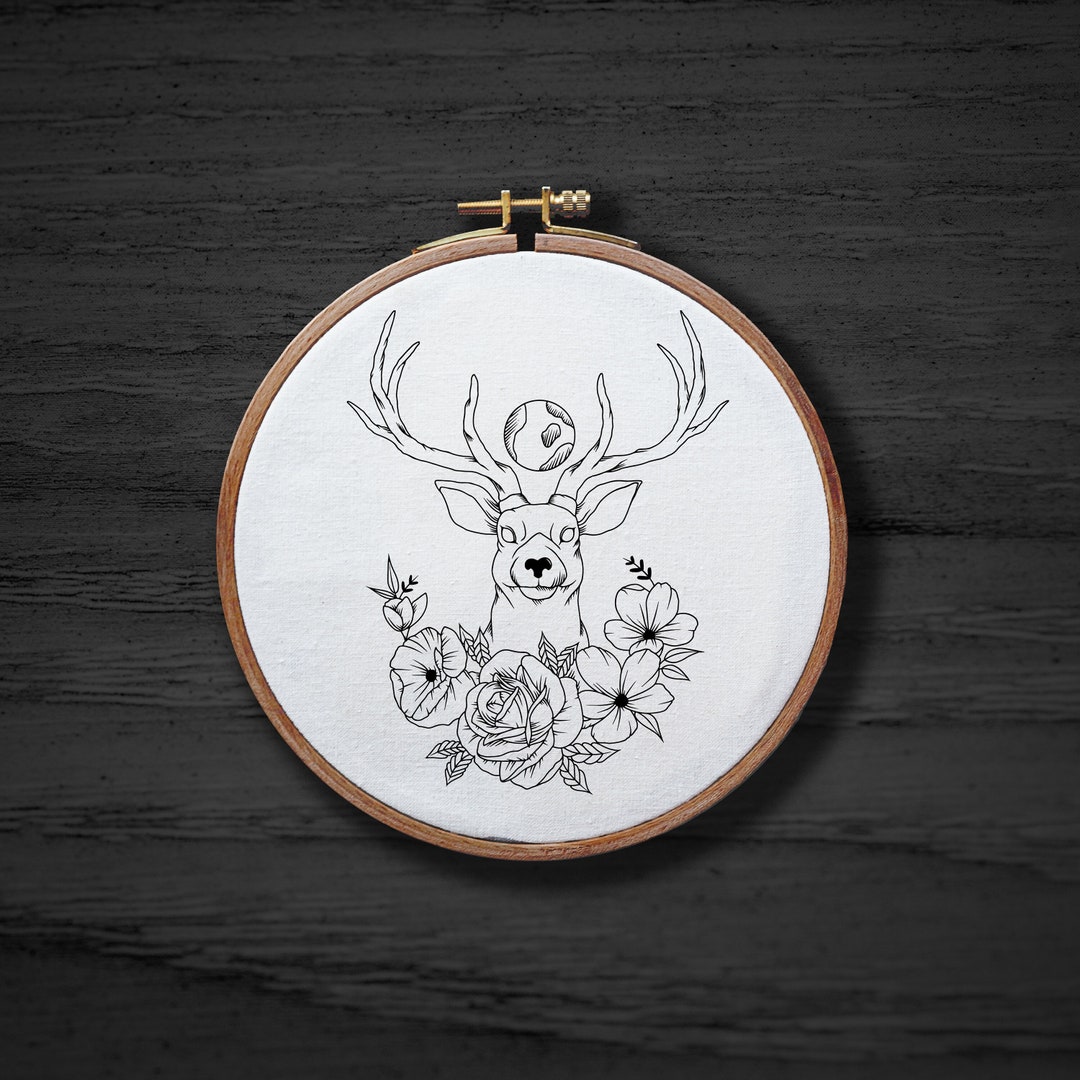 Deer Hand Embroidery Pattern , Cute Floral Animal Pattern , Animal Head ...
