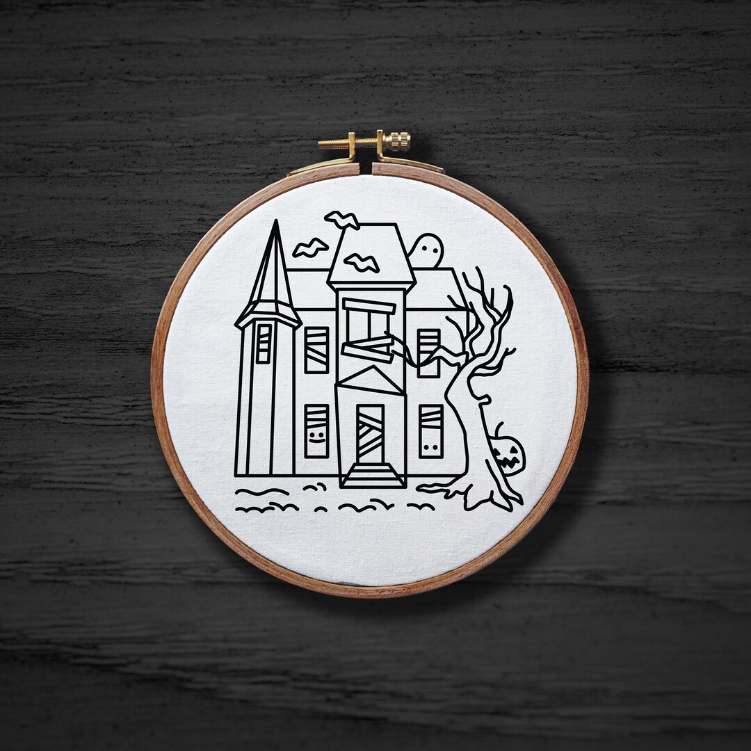 Haunted House Hand Embroidery Pattern, Halloween Ghost Bats (PDF ...