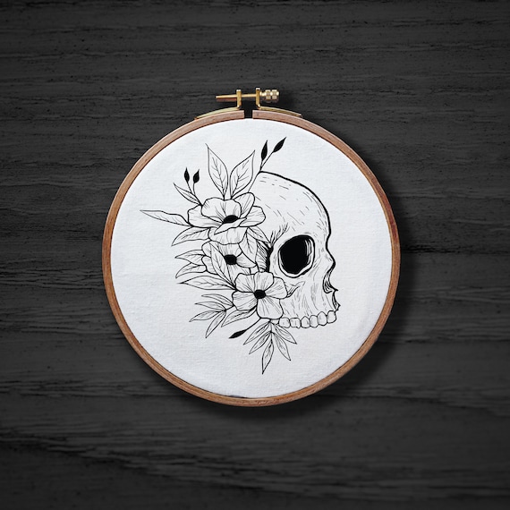 Skull With Flowers Hand Embroidery Pattern Skeleton - Etsy