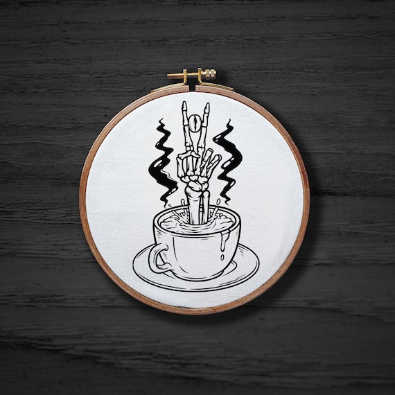 Skeleton Hand From a Coffee Cup Embroidery Pattern Funny - Etsy