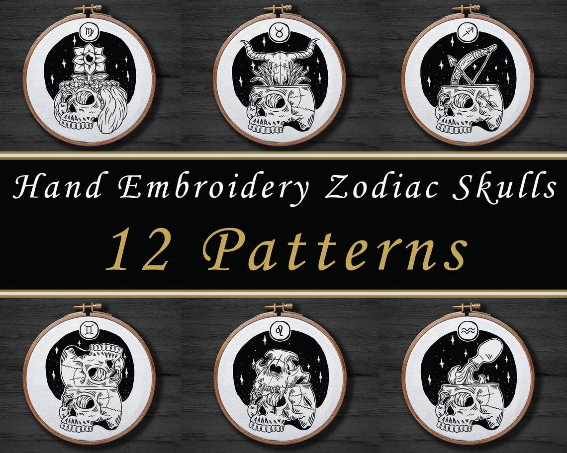 12 Zodiac Skulls Hand Embroidery Pattern Bundle Skeleton - Etsy