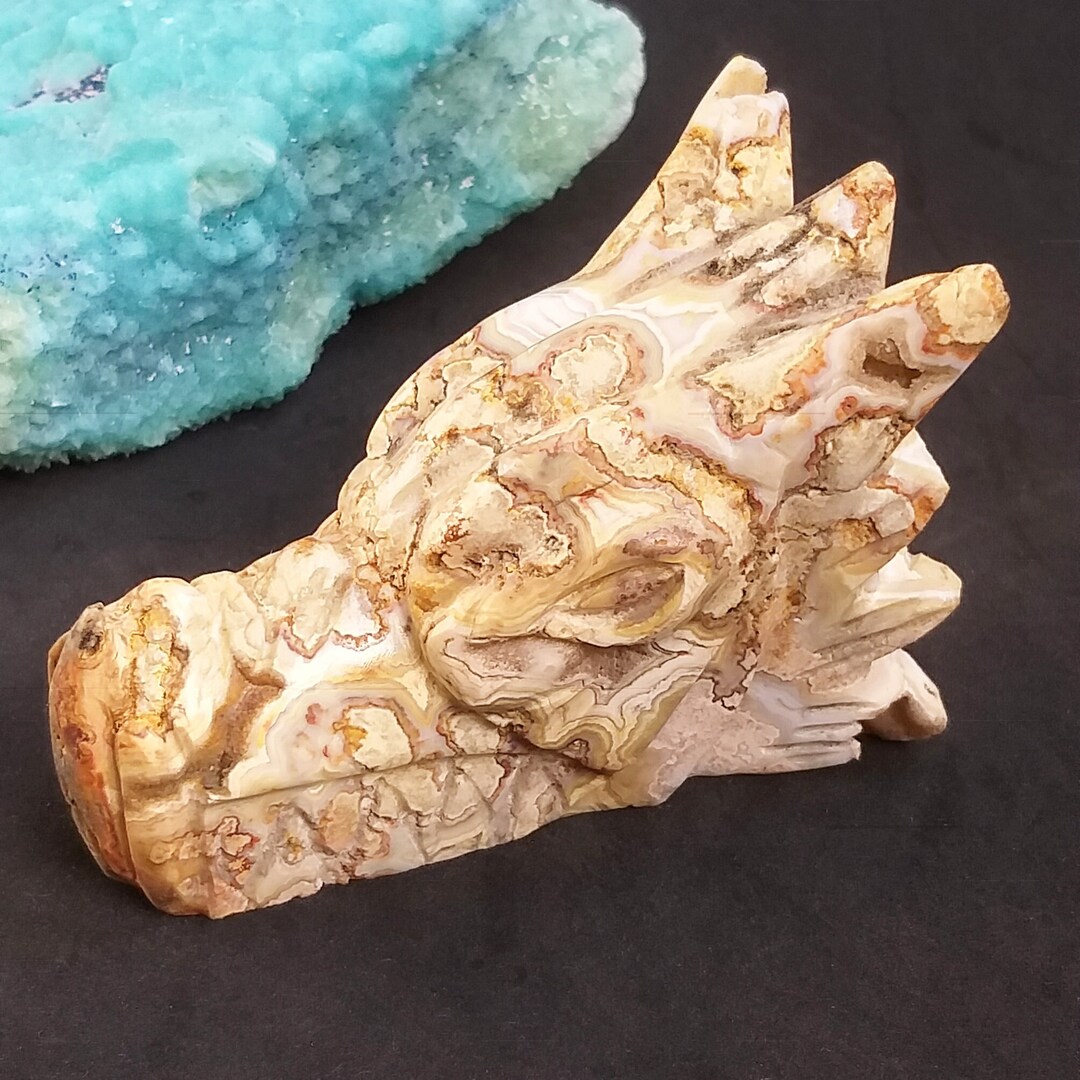 Crazy Lace Agate 9cm Dragon Head Carving Sparkly Crystal Druse Natural ...
