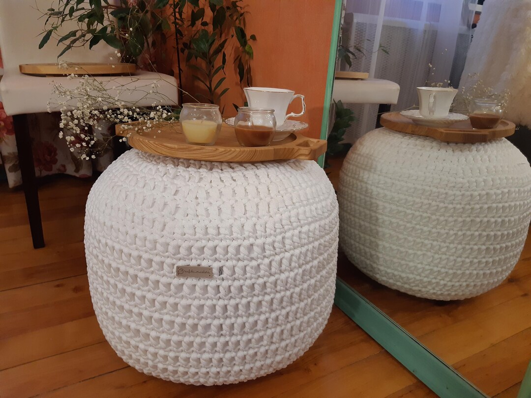 White Pouf Ottoman Crocheted Outdoor Indoor Stuffed Round Ottoman ...