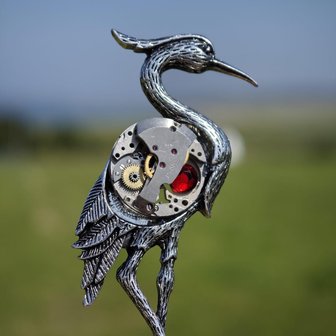 Steampunk Crane Brooch, Mechanical Silver Bird Pin, Handmade Watch ...