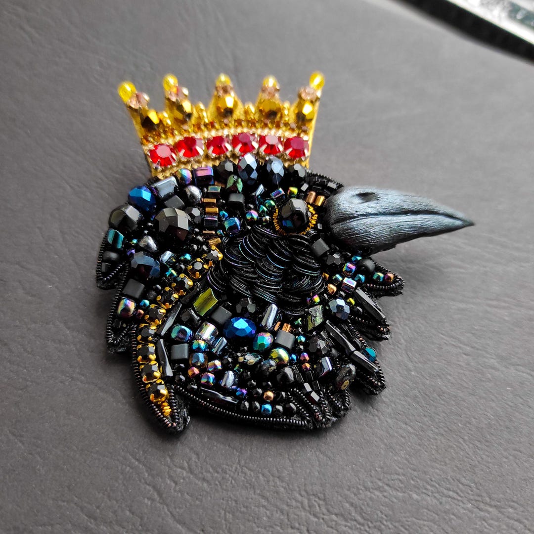Beaded Crow Brooch With Crown Black Crystal Jewelry - Etsy