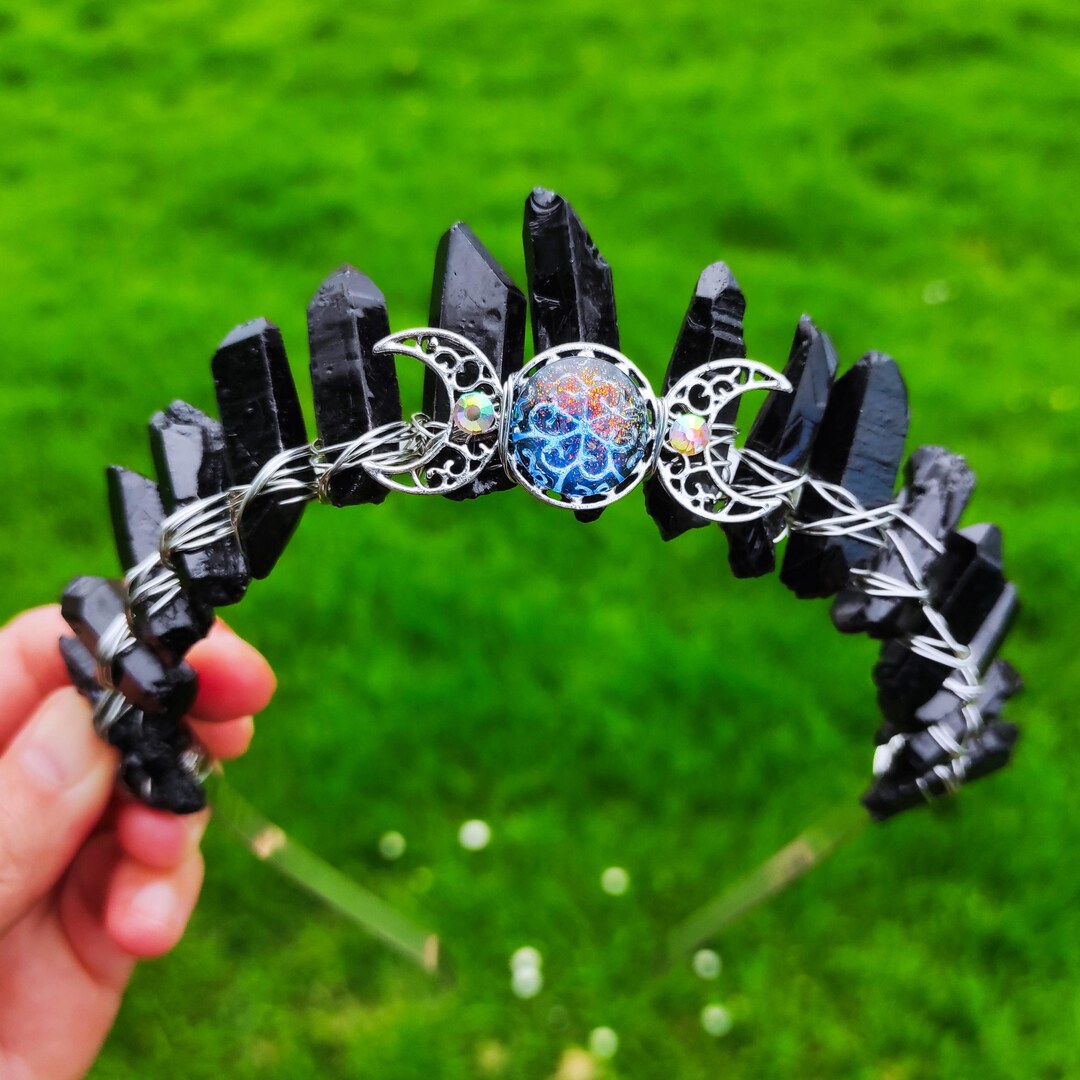 Black Crystal Moon Crown – Gothic Headpiece With Triple Moon and Galaxy ...