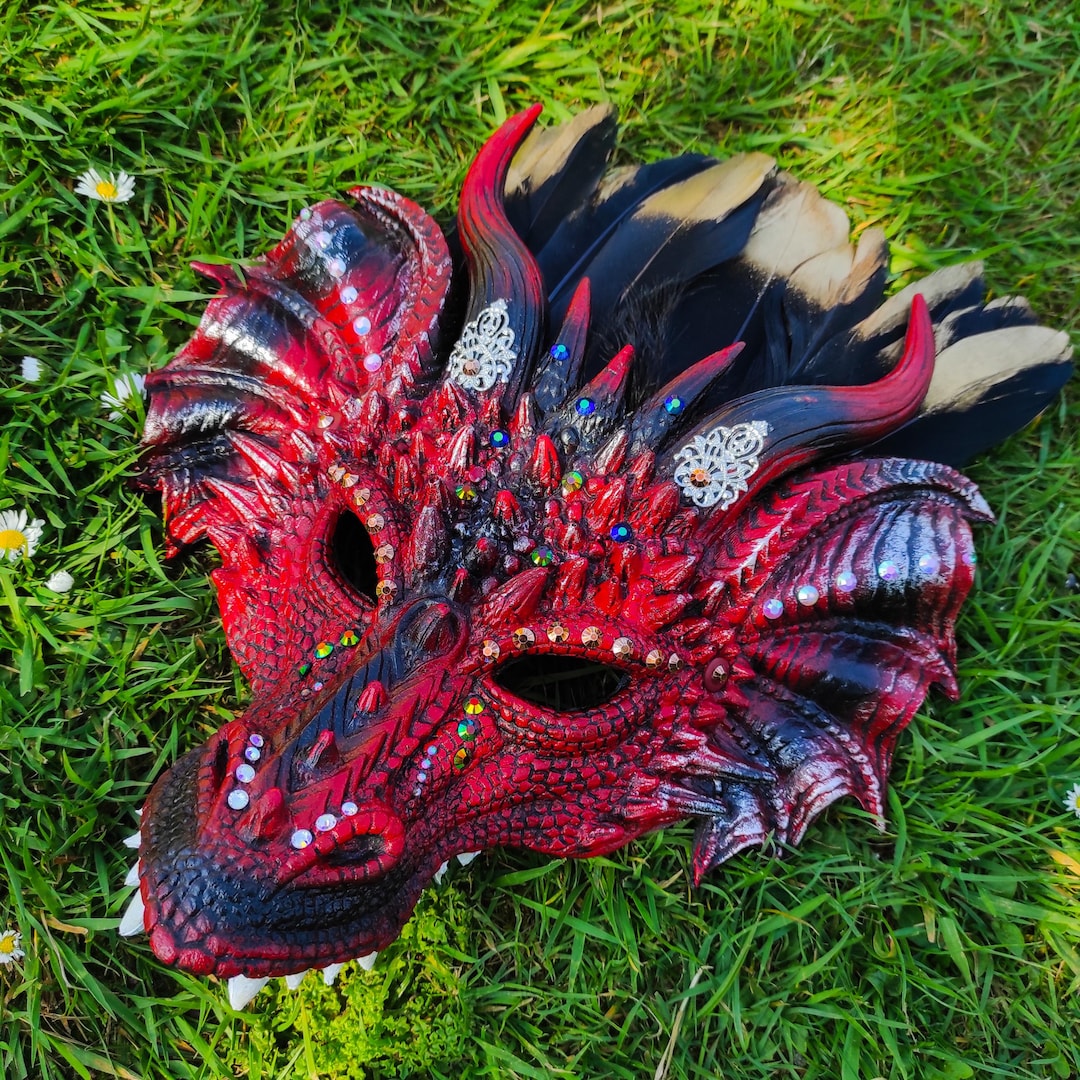 Red Dragon Mask With Feathers and Crystals – Fantasy Costume Mask for ...
