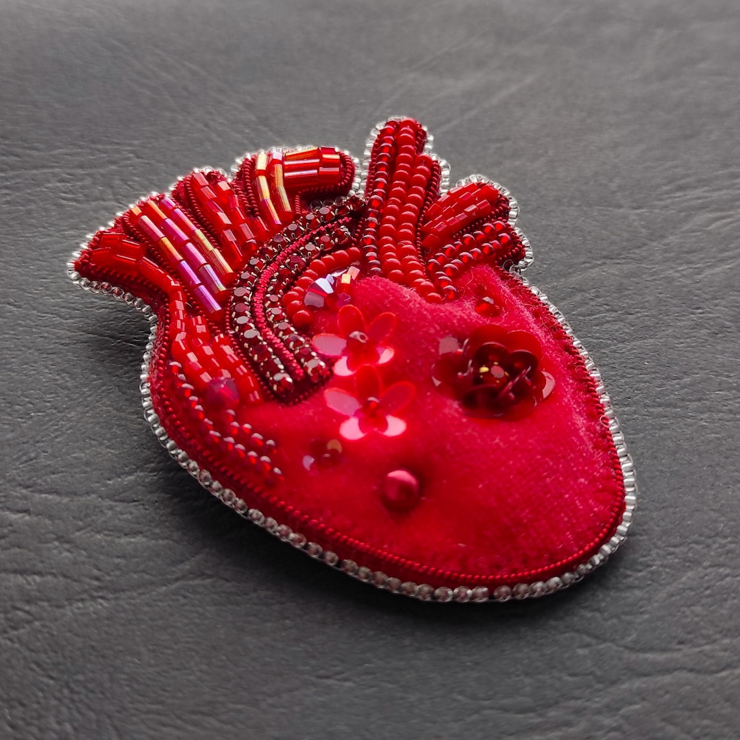 Beaded Anatomical Heart Red Brooch - Unique Velvet Pin With Sequins - Etsy