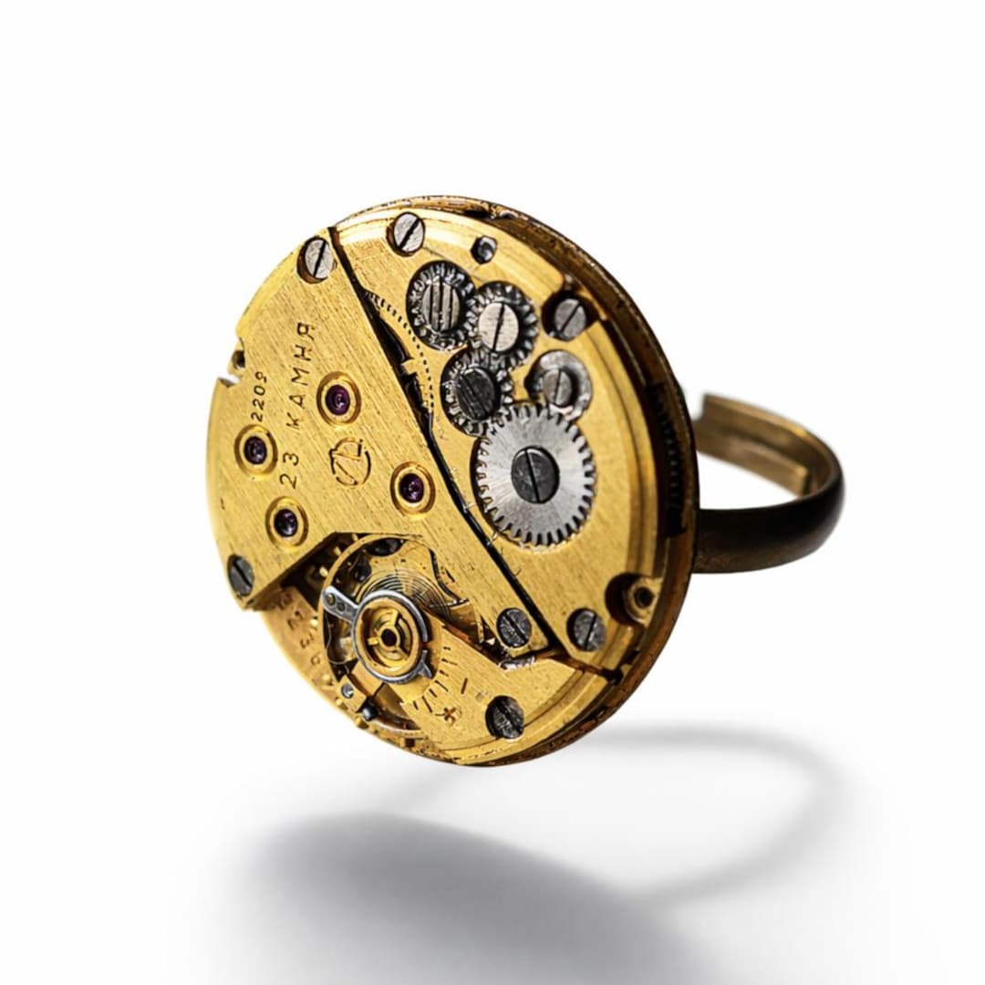 Vintage Watch Movement Ring – Gold Round Clockwork Ring, Steampunk ...