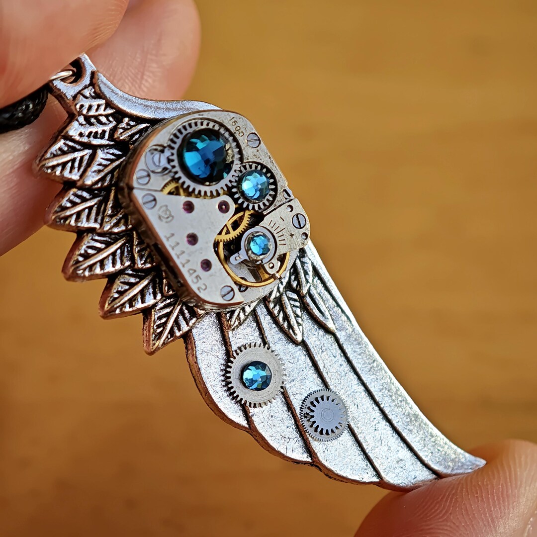 Steampunk Angel Wing Pendant Necklace With Blue Crystals and Gear ...