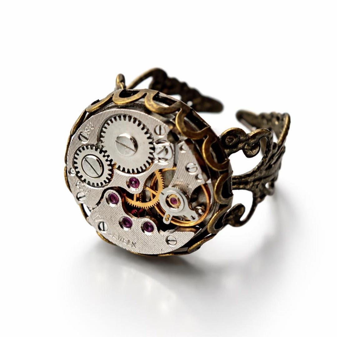 Steampunk Watch Movement Ring, Vintage Mechanical Gear Ring, Adjustable ...