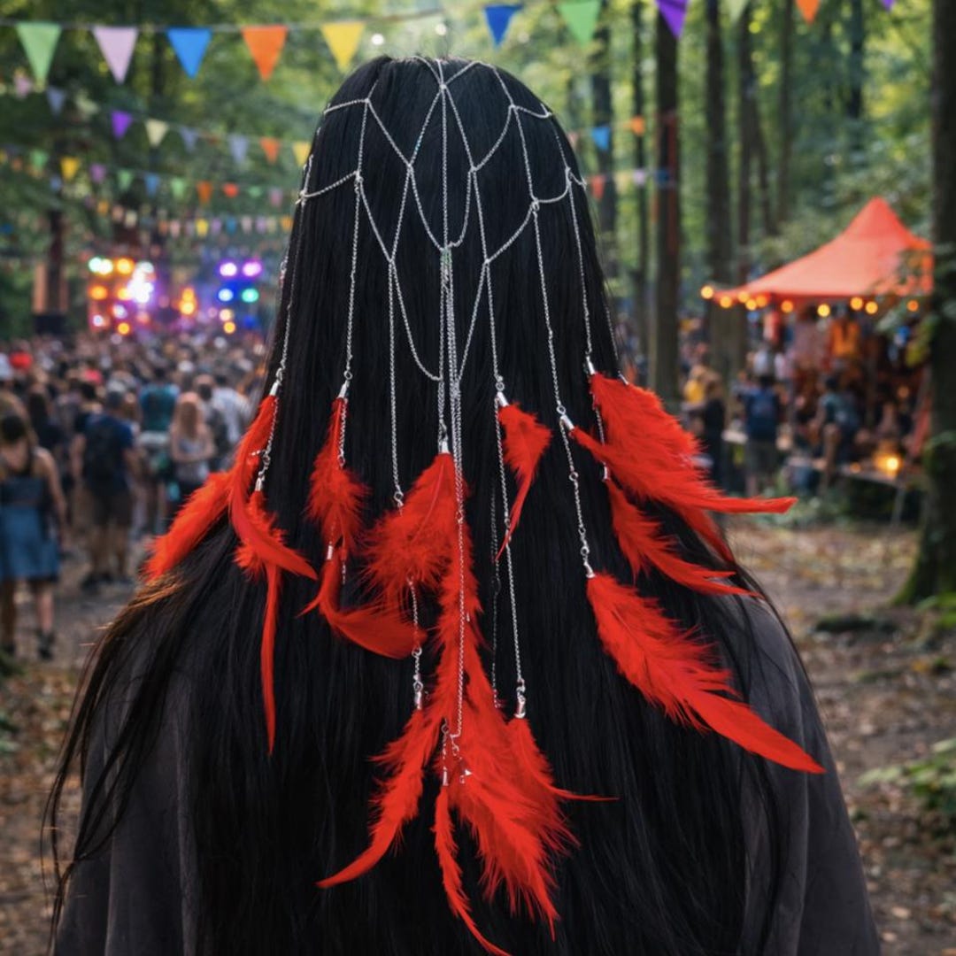 Red Feather Hair Chain Headpiece – Boho Festival Headdress With Silver ...