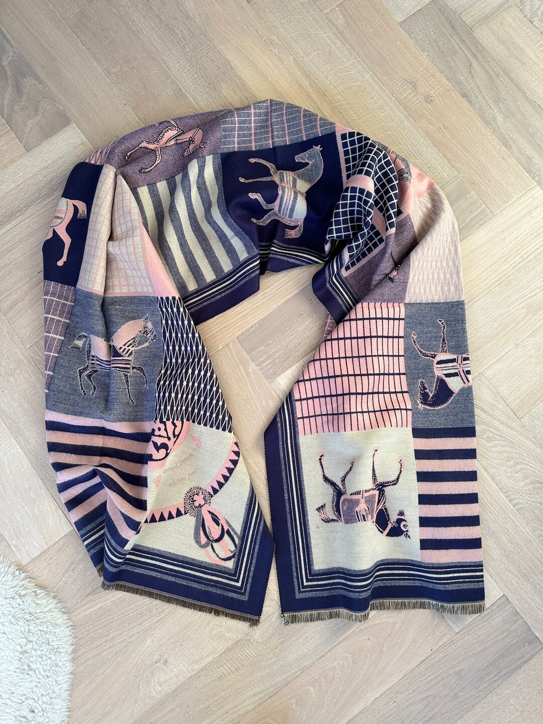 Luxury Equestrian Horse Inspired Navy Pink Scarf Winter Fleece Cashmere ...