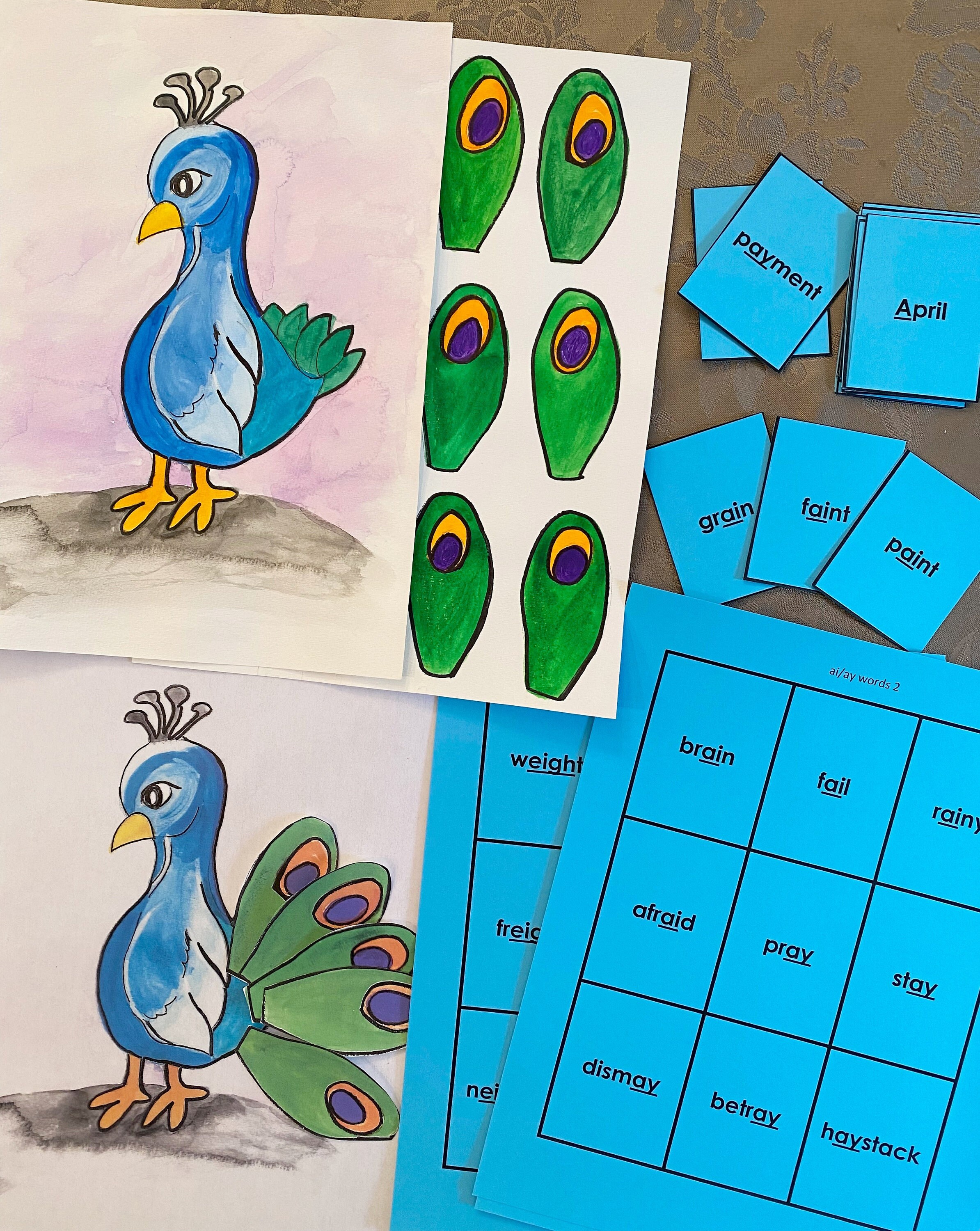 Peacock Reading Game and Phonics/bundle- Long "a" (a, A_e, Ai, Ay, Ea ...