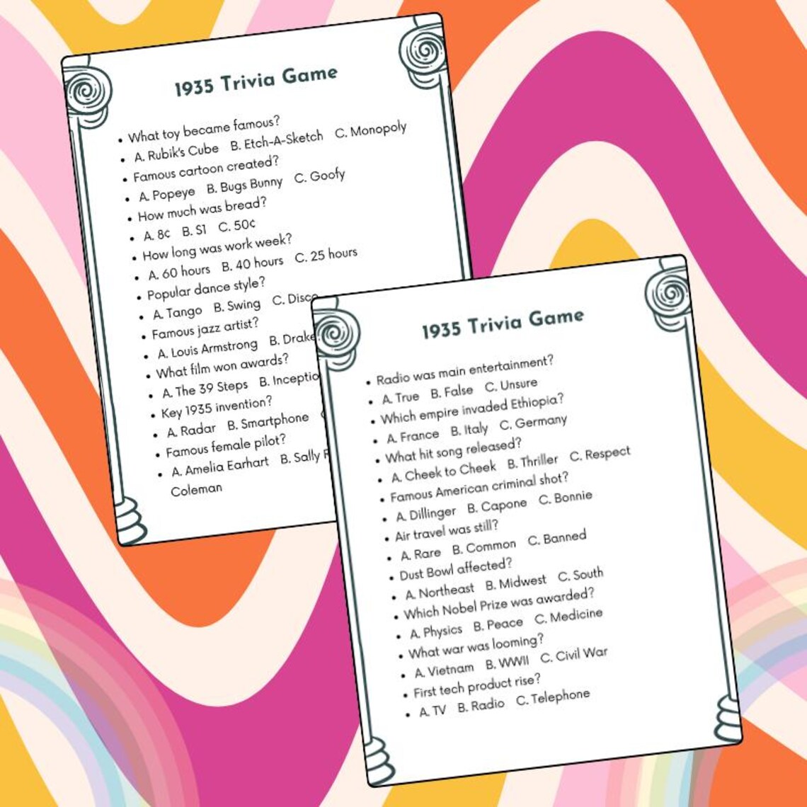 1935 Trivia Game: 90th Birthday Party, Back to the 30s Theme (instant ...
