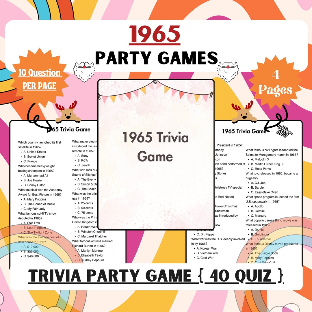 1965 Trivia Game | Born in 1965 | 60th Birthday Trivia Game | 60s Party ...