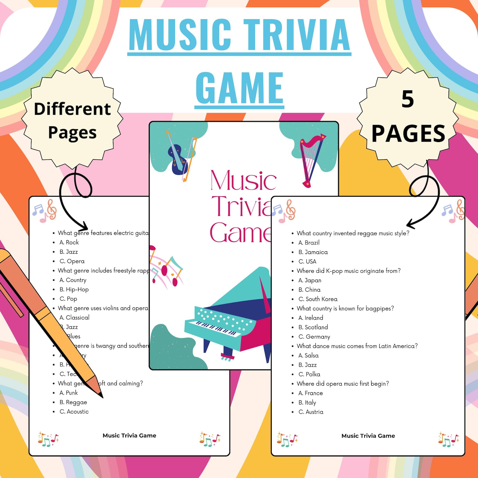Music Trivia, Music Trivia Game, Printable Music Trivia, Printable ...
