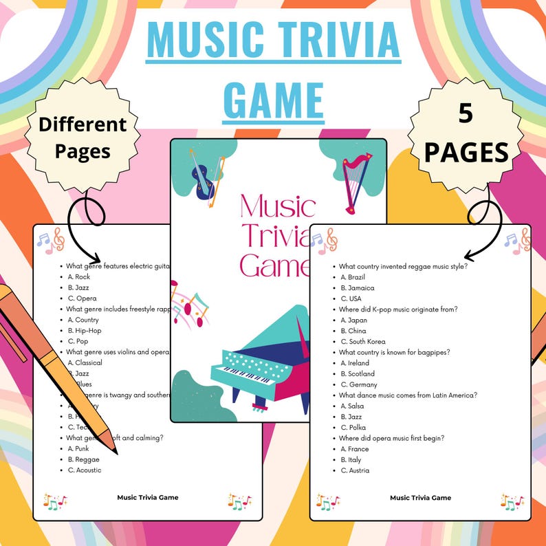 Music Trivia, Music Trivia Game, Printable Music Trivia, Printable ...