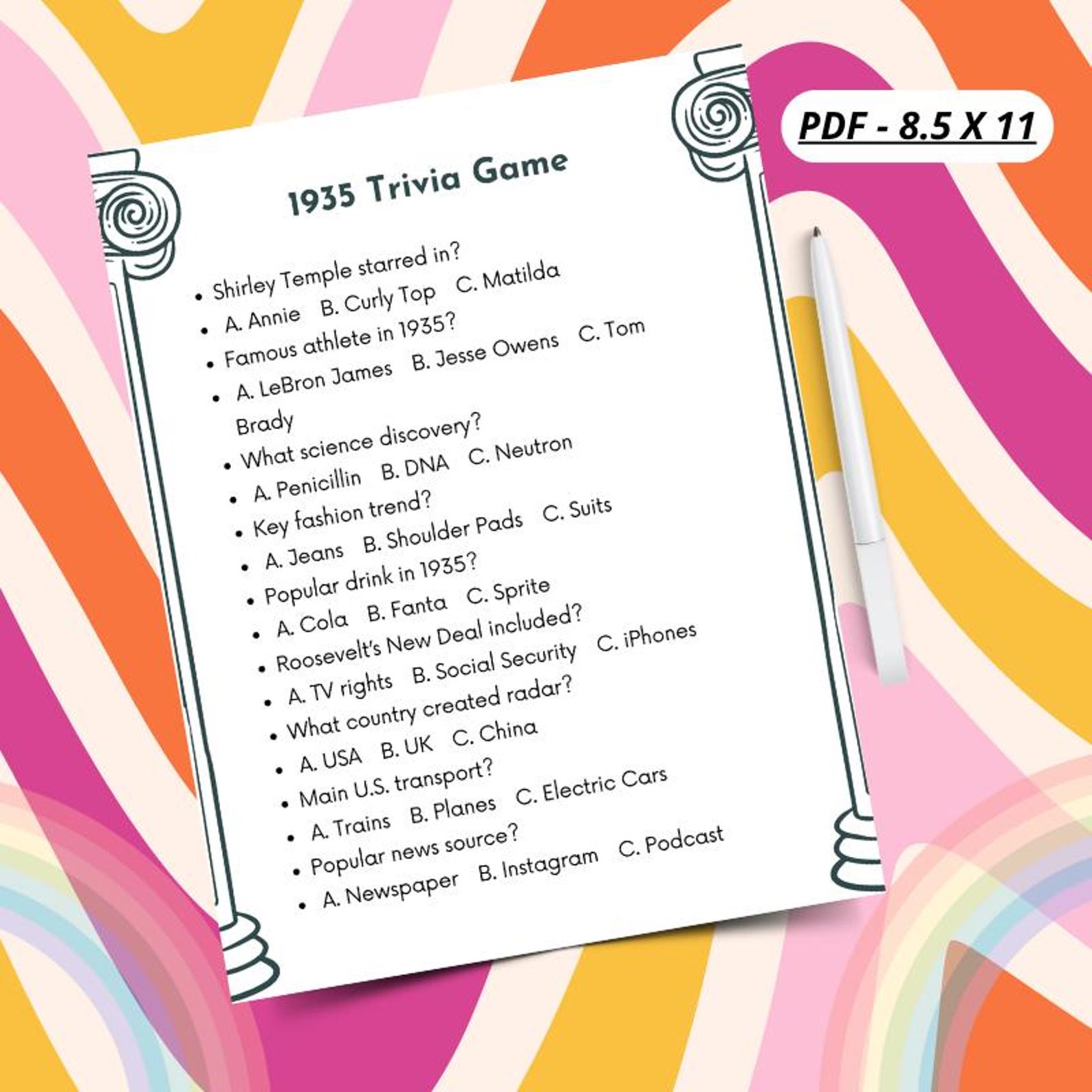 1935 Trivia Game: 90th Birthday Party, Back to the 30s Theme (instant ...