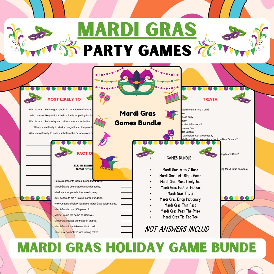 Mardi Gras Games Bundle | Carnival Party Games | Mardi Gras Party Fun ...