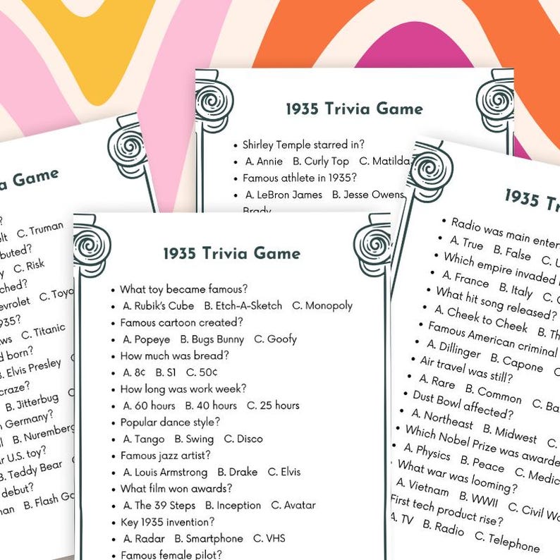 1935 Trivia Game: 90th Birthday Party, Back to the 30s Theme (instant ...