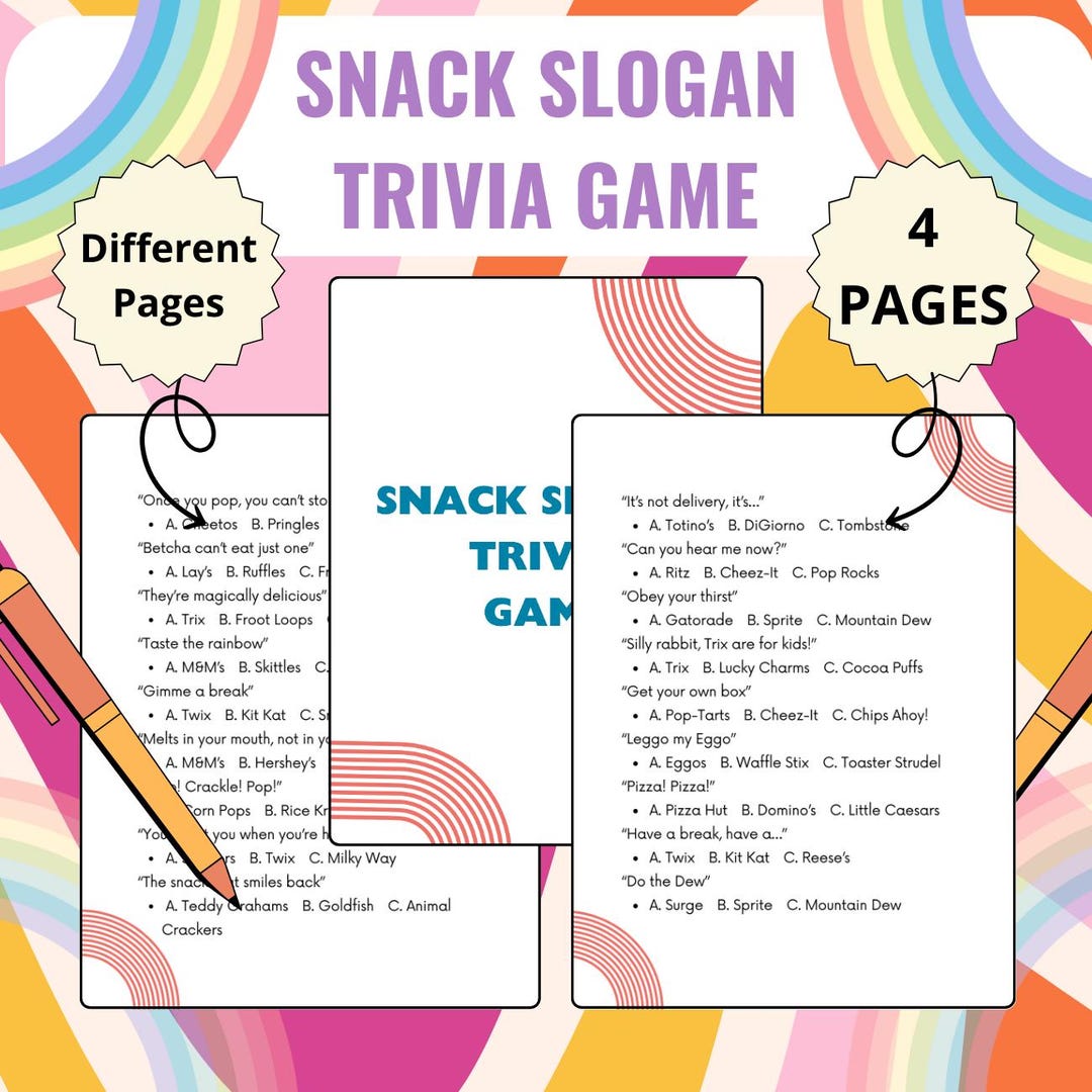 Snack Slogans Trivia Game: TV Commercial Quiz (printable PDF) - Etsy
