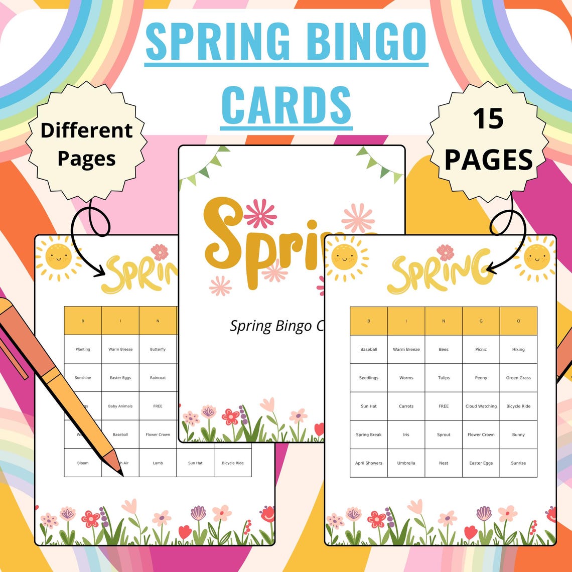 15 Printable Spring Bingo Cards, Spring Party Game, Spring Activity ...