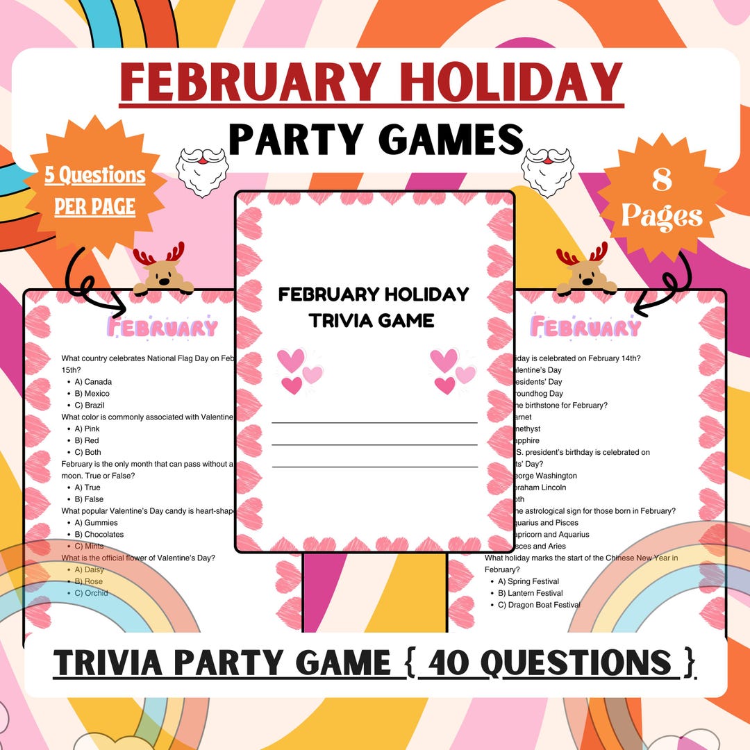 February Trivia Game Printable Month Party Games Valentine's Day Trivia ...