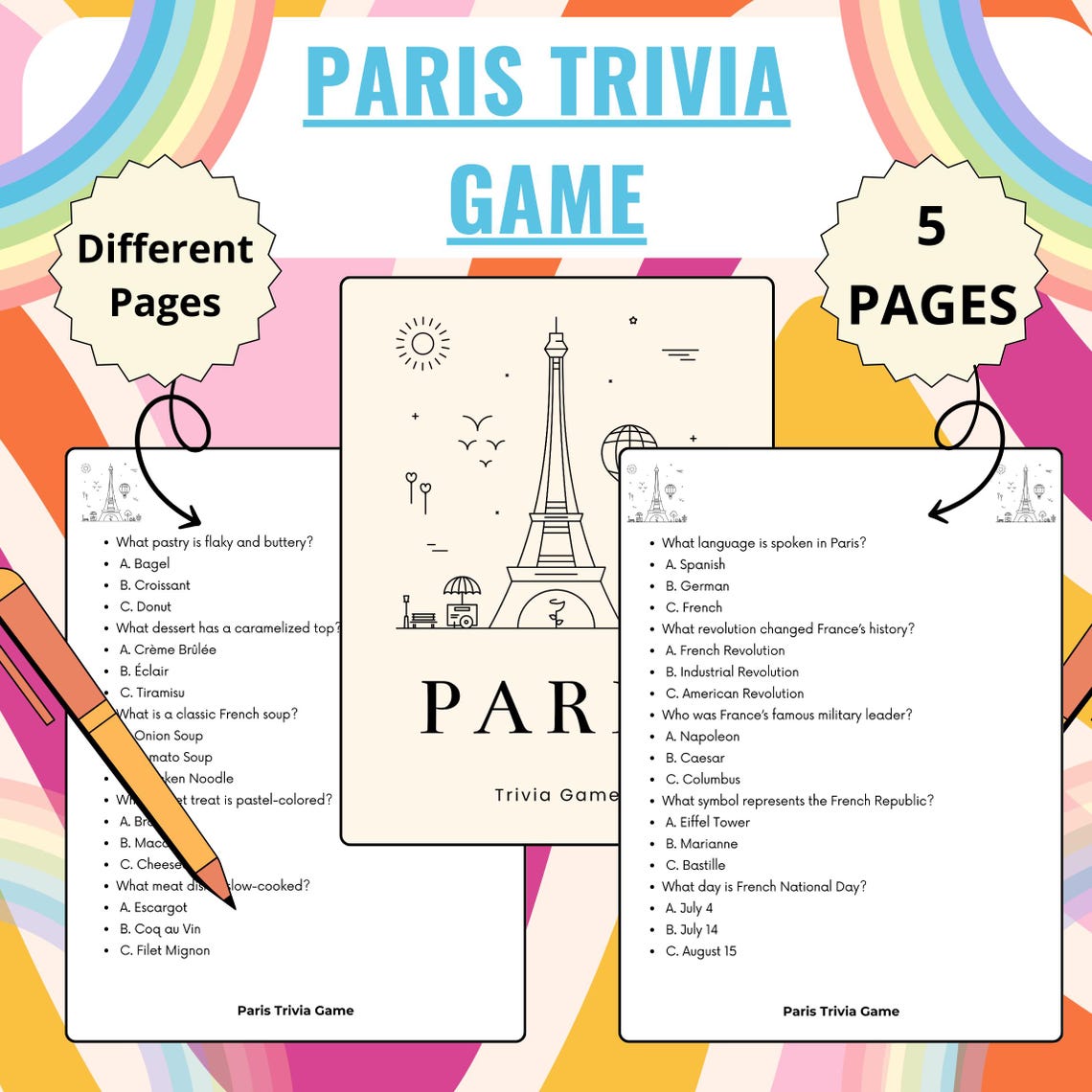 Paris Trivia Game | Paris Party Game for Teens & Adults | Fun French ...