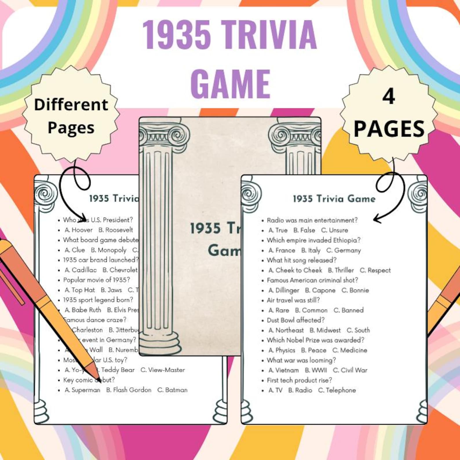 1935 Trivia Game: 90th Birthday Party, Back to the 30s Theme (instant ...