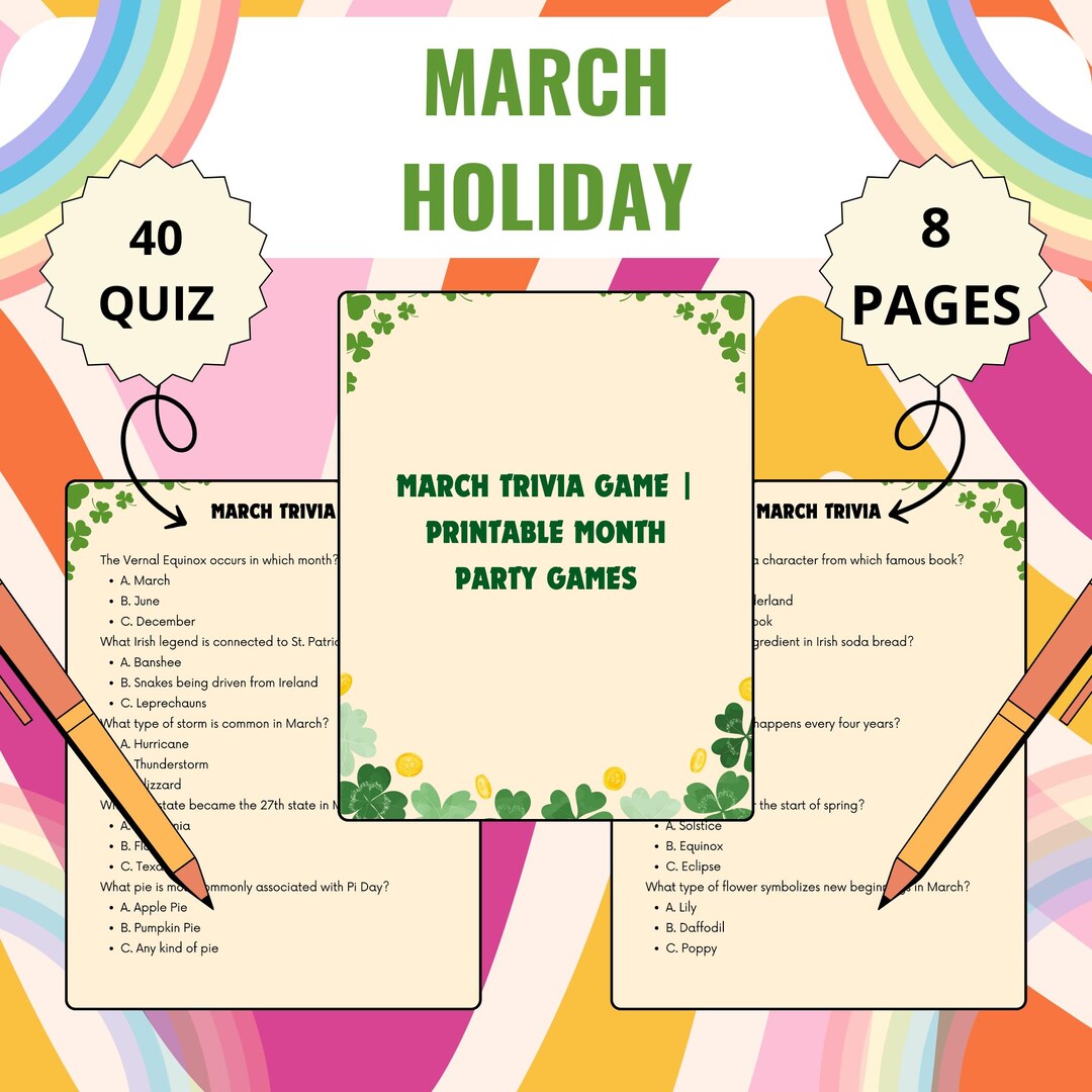 March Trivia Quiz Game | Printable Month Party Games for Kids & Adults ...