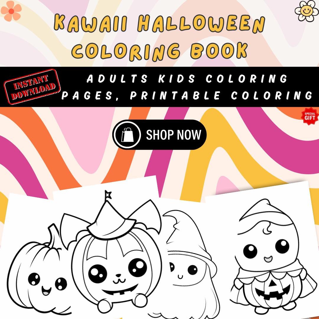 Kawaii Halloween Coloring Book Printable, Adults Kids Coloring Pages ...