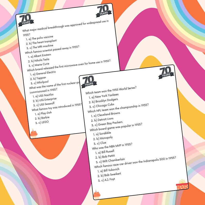 1955 Trivia Game Printable | 70th Birthday Games | Born in 1955 Game ...