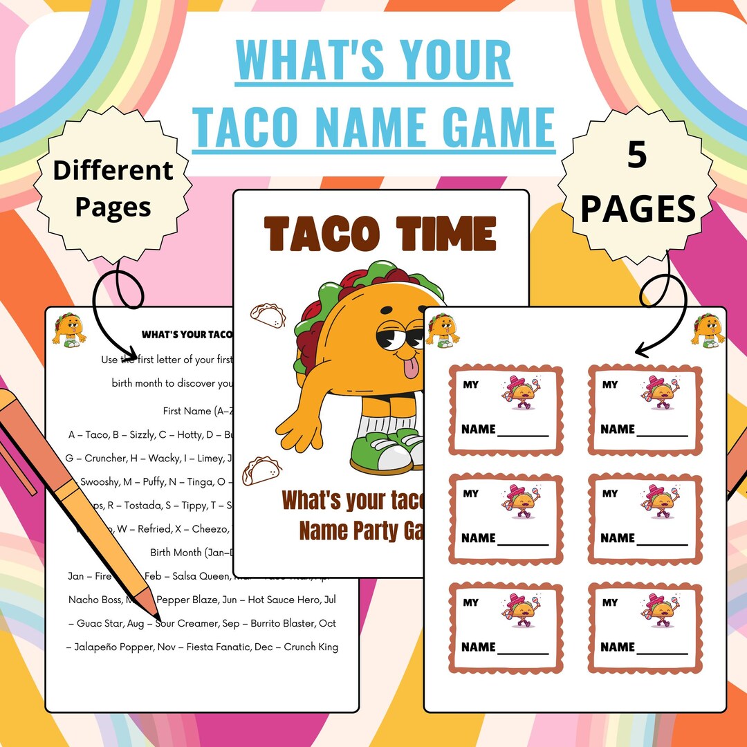 What's Your Taco Name Game | Name Generator Game With Name Tags | Taco ...