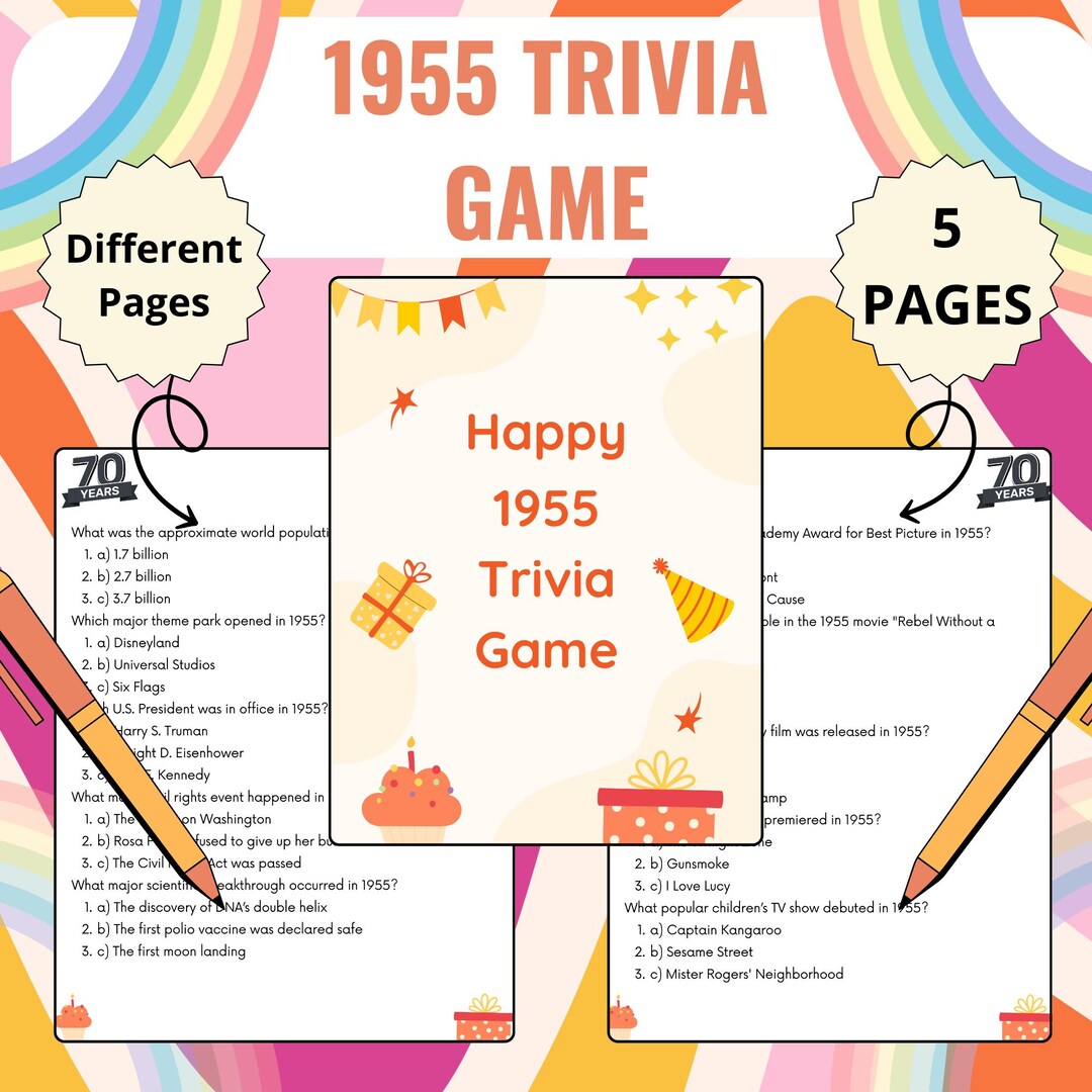 1955 Trivia Game Printable | 70th Birthday Games | Born in 1955 Game ...