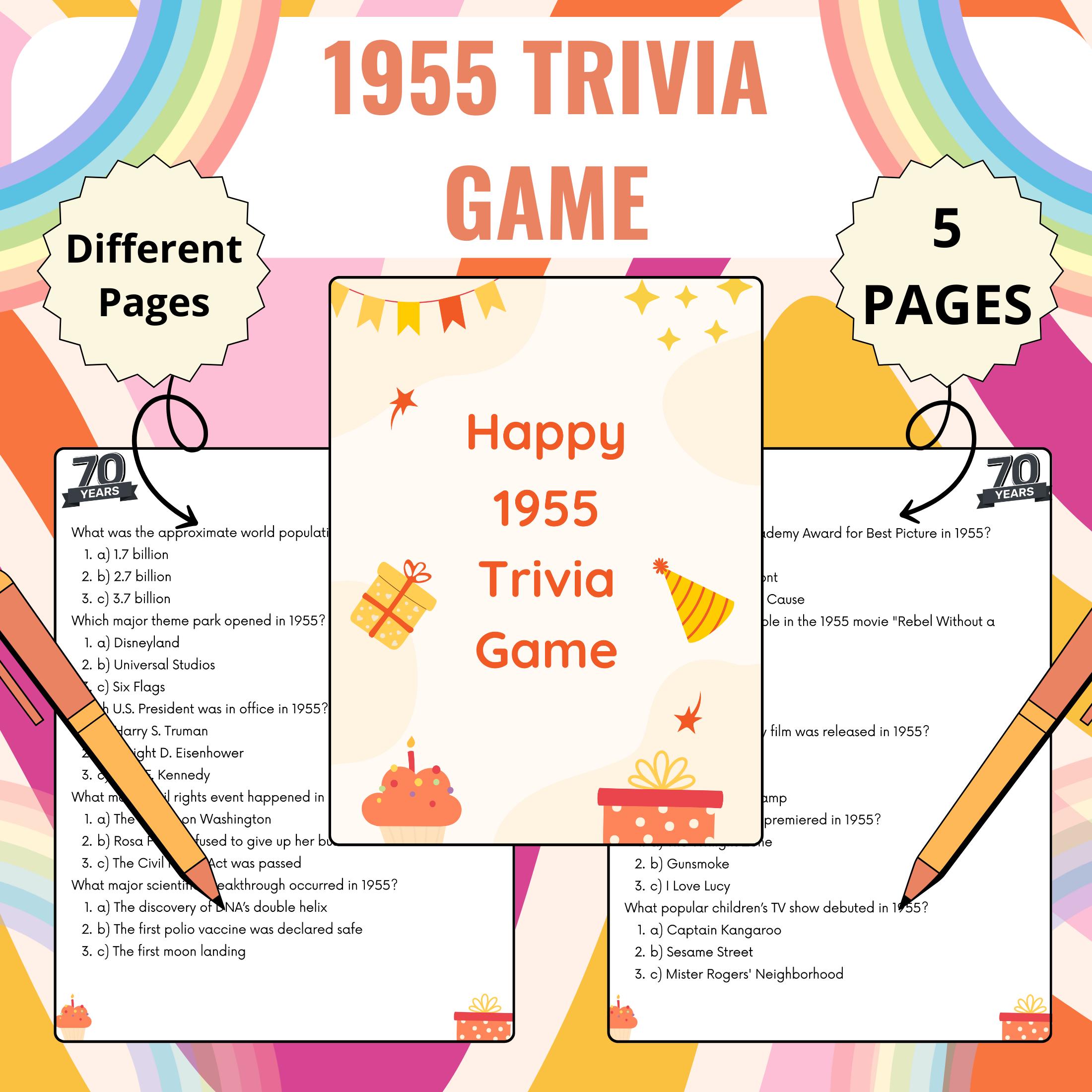 1955 Trivia Game Printable | 70th Birthday Games | Born in 1955 Game ...