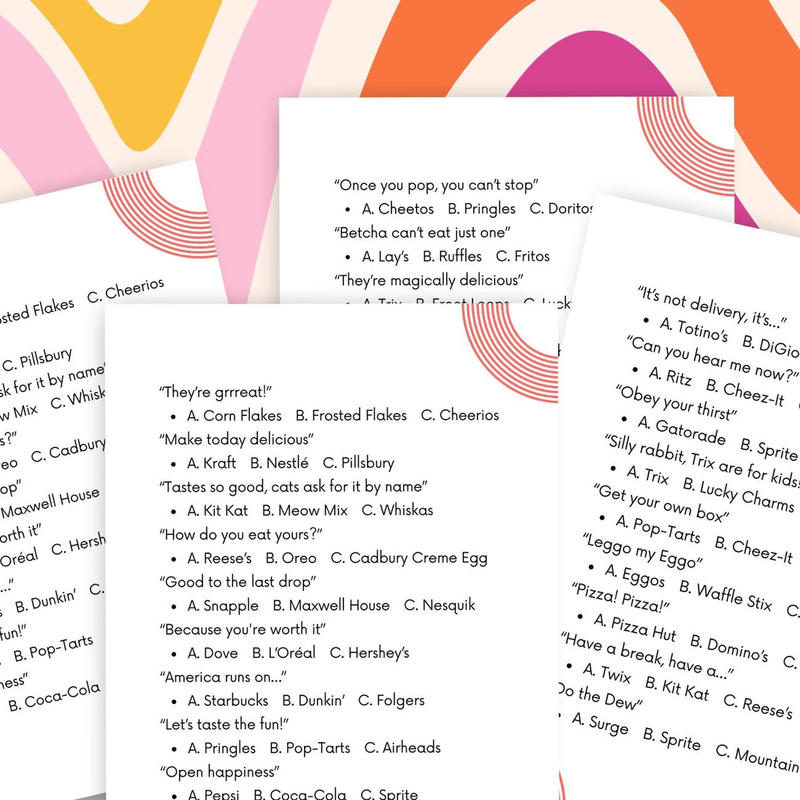 Snack Slogans Trivia Game: TV Commercial Quiz (printable PDF) - Etsy