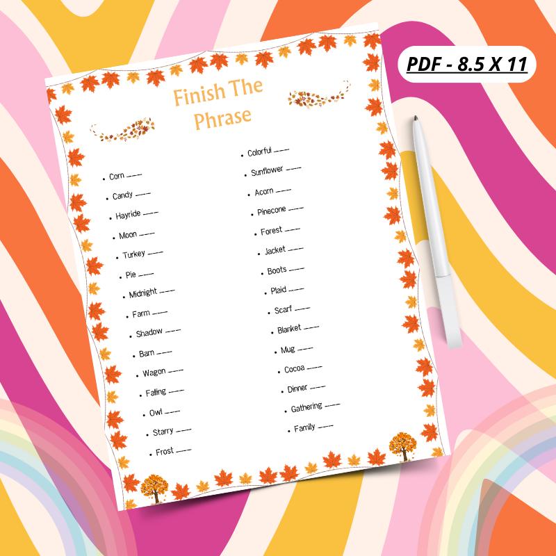 Fall Finish the Phrase Game: Printable Autumn Party Activity (PDF ...