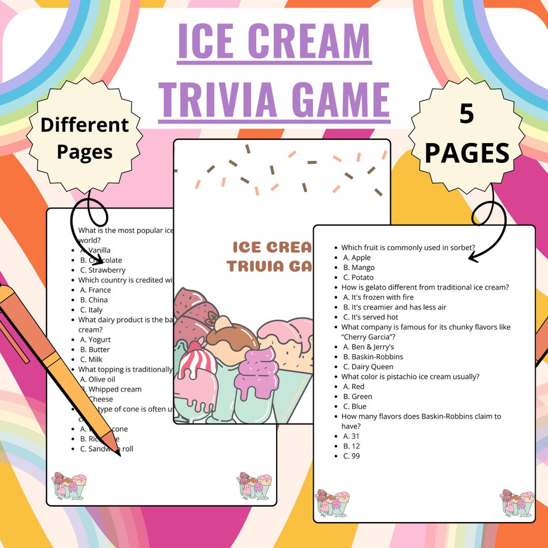 Ice Cream Trivia Game, Printable Ice Cream Quiz, Ice Cream Party Game ...