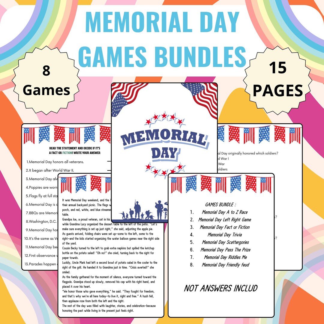 Memorial Day Games Bundles, 8 Games Memorial Day Trivia, Patriotic ...
