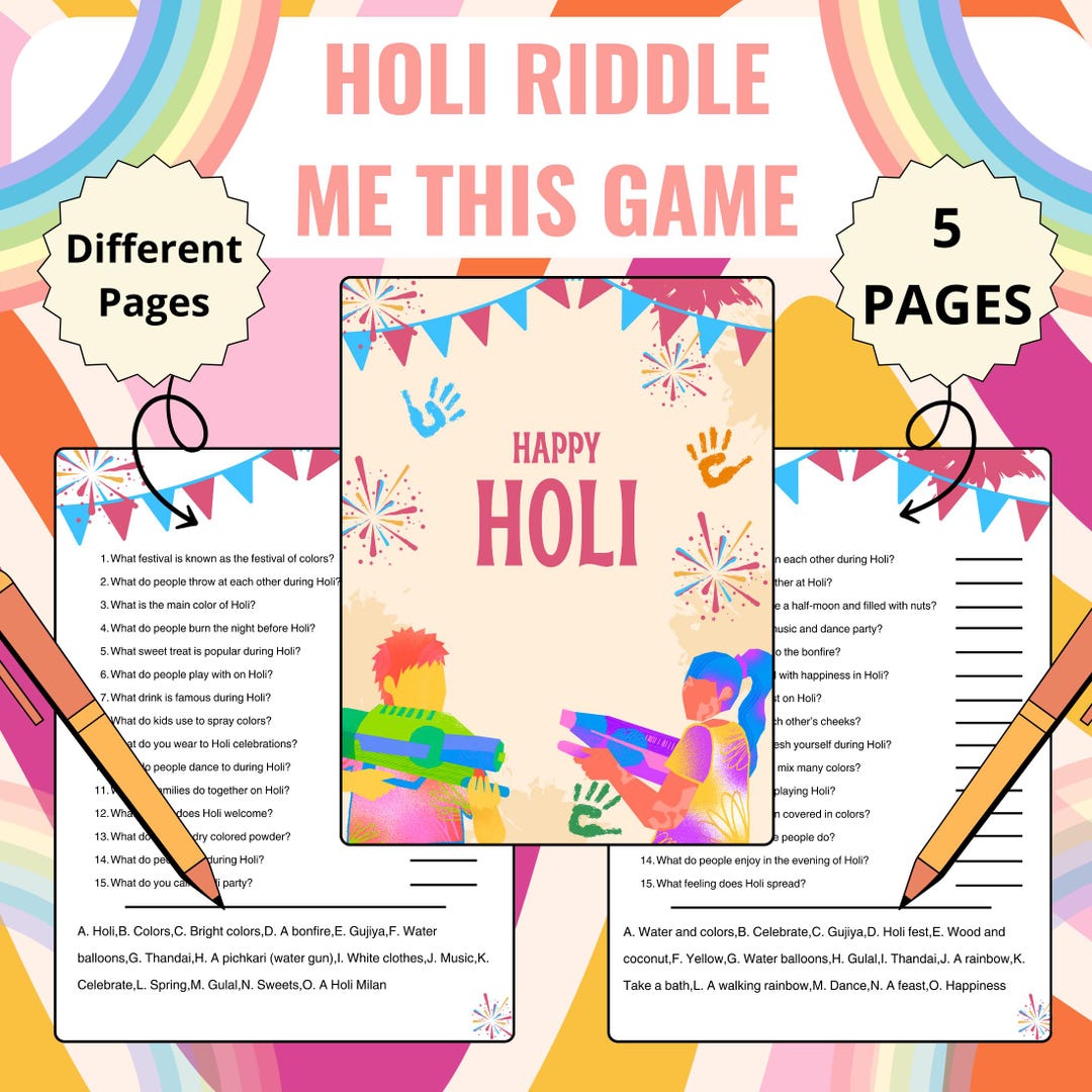 Holi Riddle Me This Game | Printable Festival of Color Riddle Me This ...