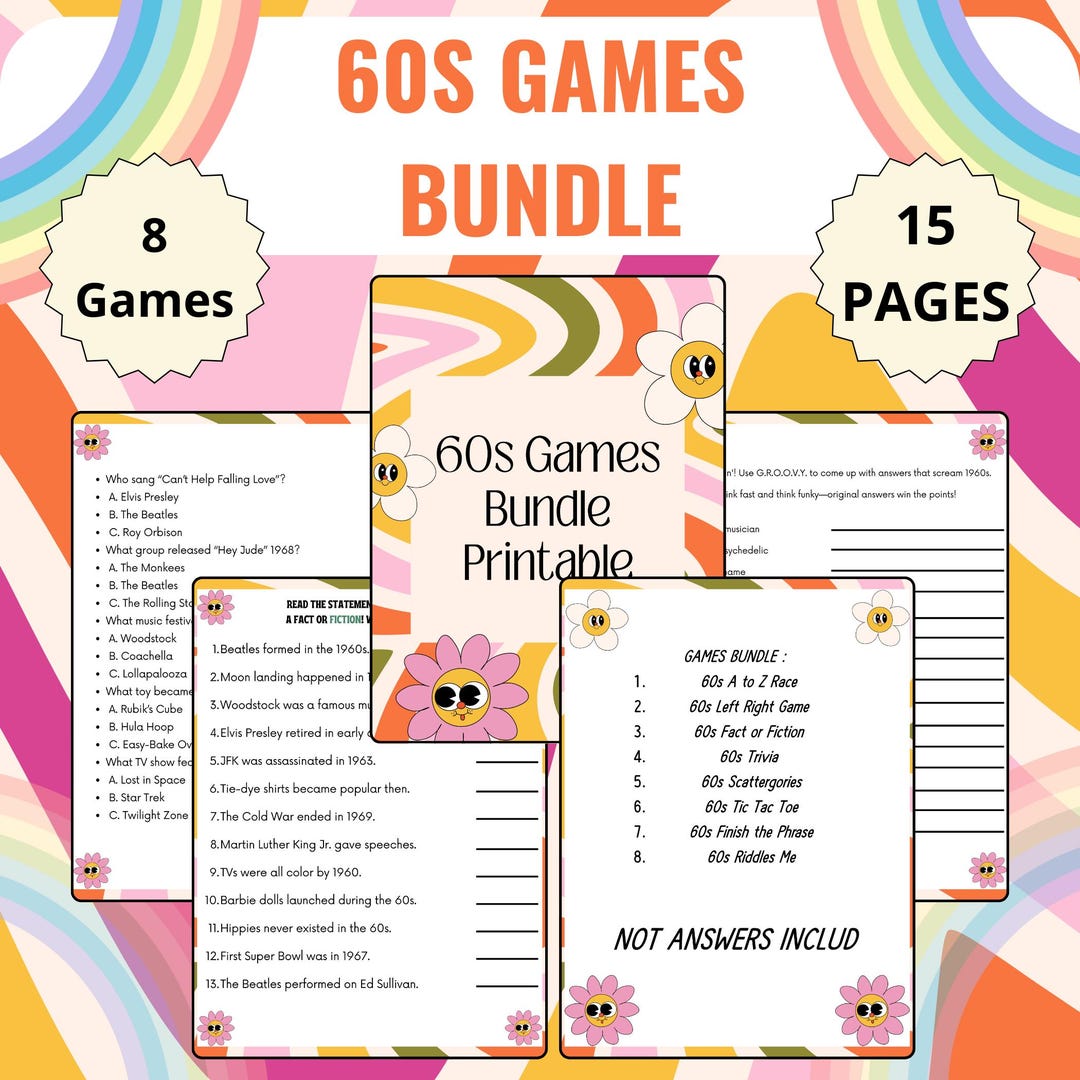 60s Games Bundle Printable | 60s Activities | 60s Party Games | 60s ...