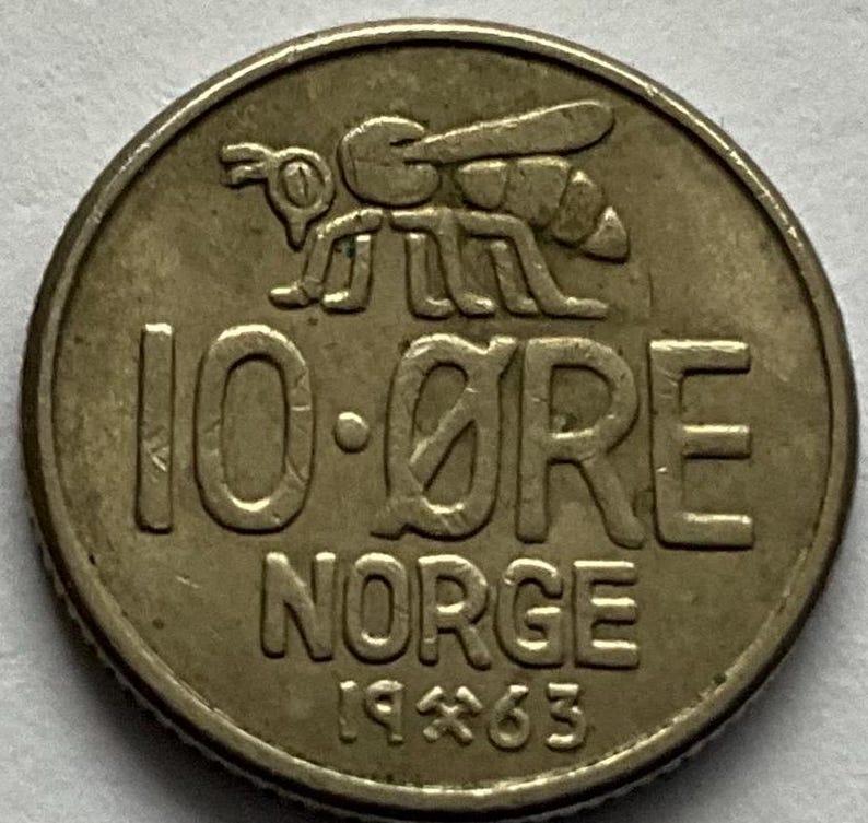1963 Norway Olav V 10 Ore Coin - Etsy