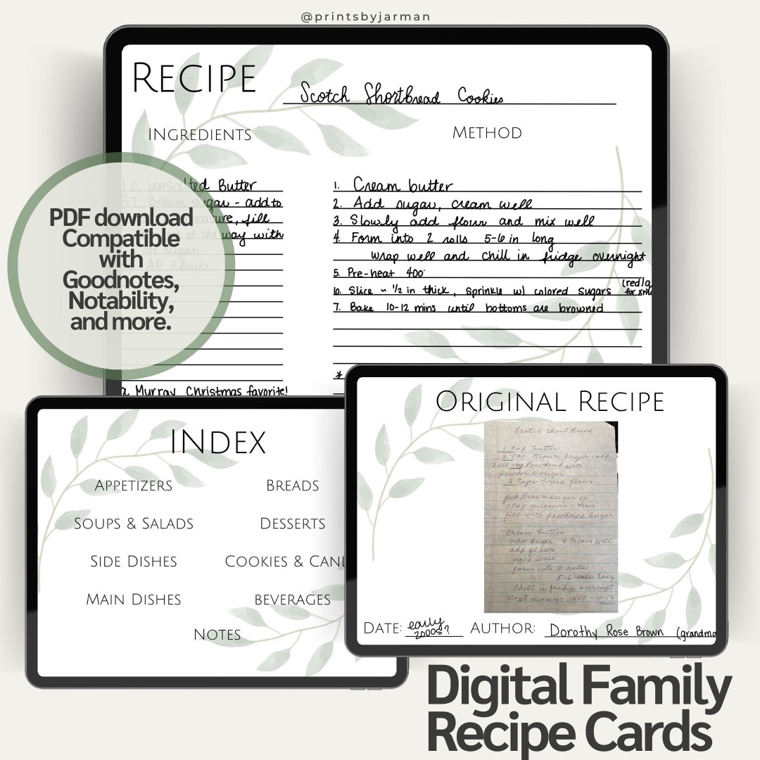 Digital Family Recipe Cards, Recipe Book, Vintage Recipe, Family ...