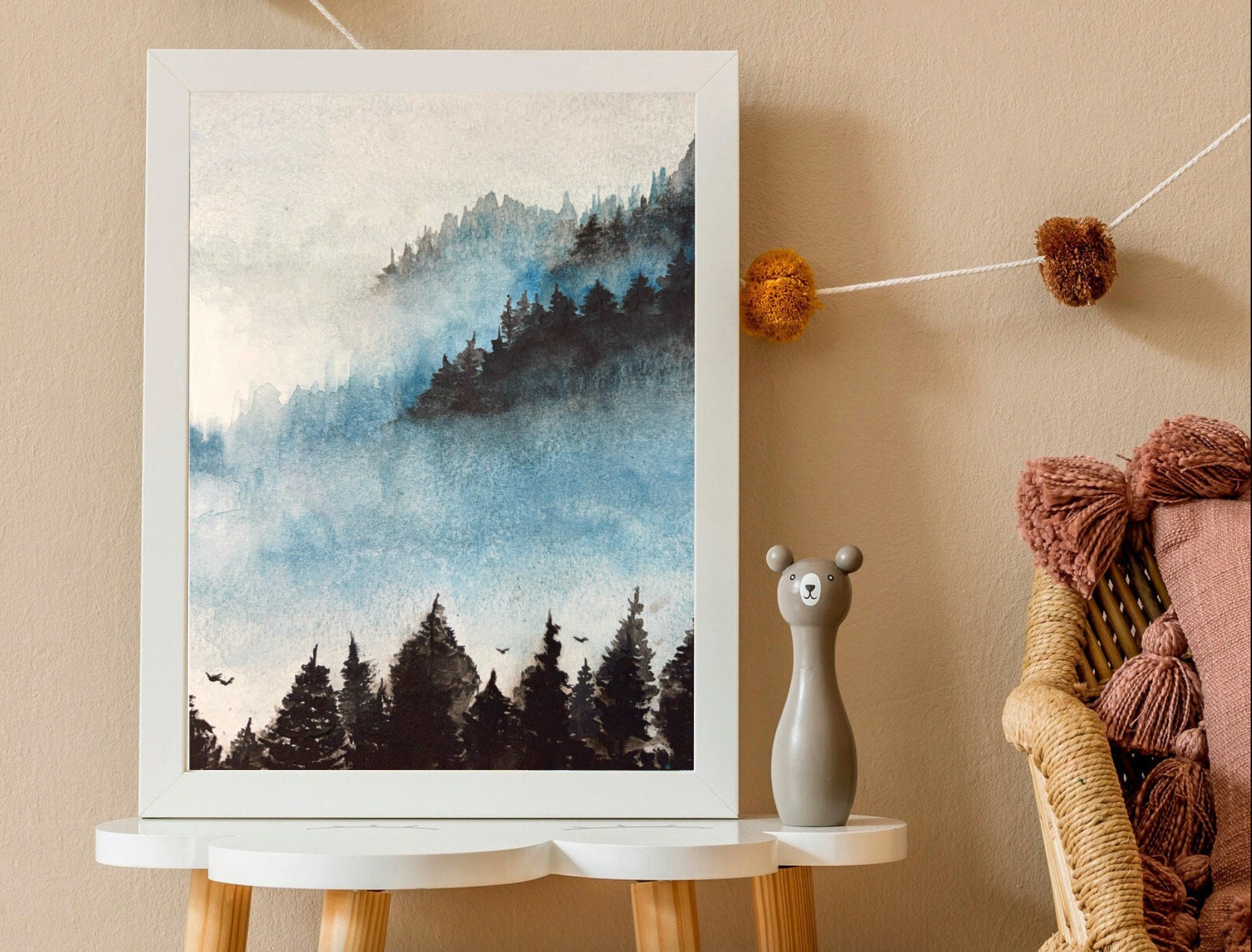 Printable Watercolor Misty Forest Painting, Illustration Handmade ...