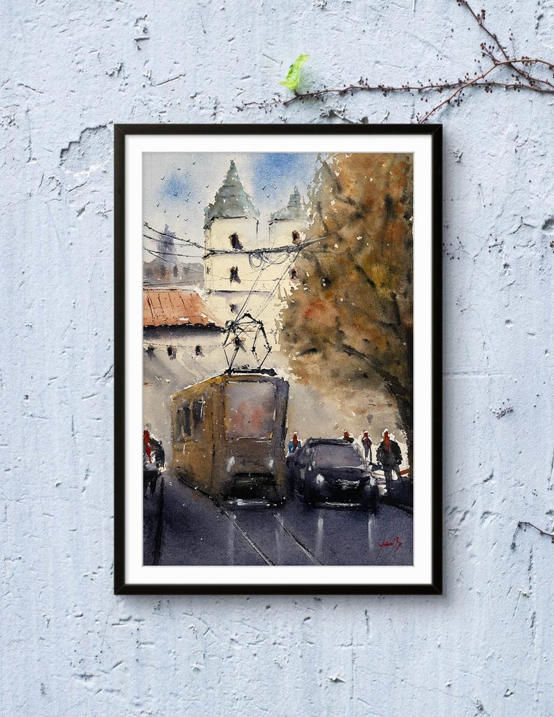 Yellow Tram Watercolor Original 9x12 / Acuarela Tranvía Amarillo ...