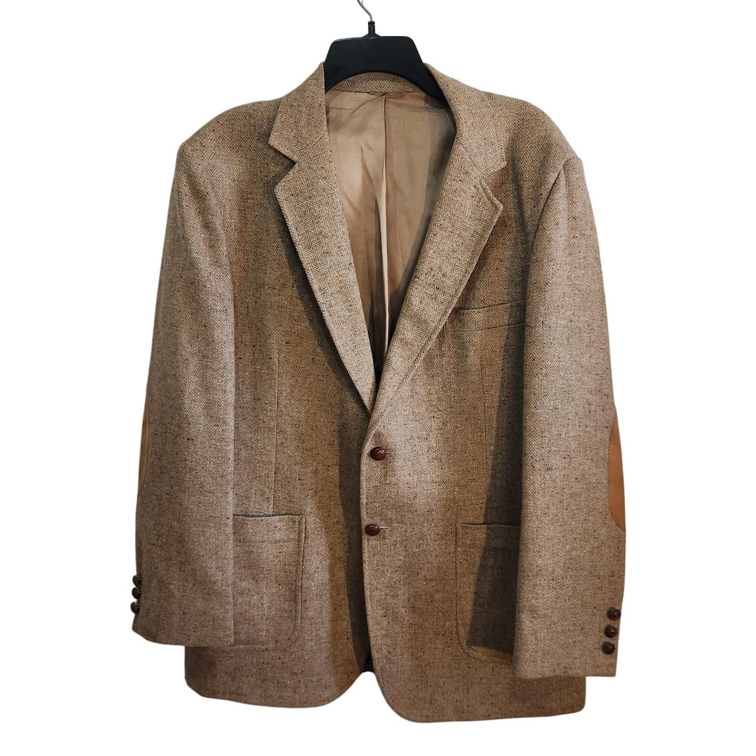 Mens Tweed Blazer Sport Coat Elbow Patches Brown Tan Herringbone 44R ...