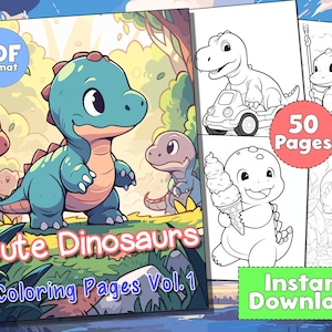 50 Cute Dinosaurs Coloring Page Book | Coloring Book for Adults + Kids ...